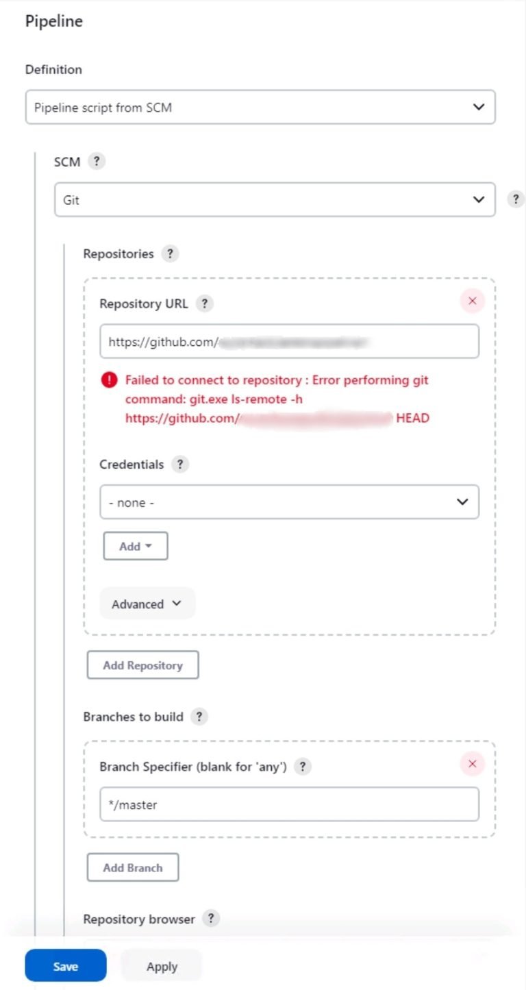 Failed to connect to repository: Error performing git command ls-remote -h